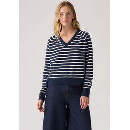 Levi's V-Ausschnitt-Pullover LEVI'S "SUPER SOFT VNECK PULLOVER", Damen, Gr. XS (34), parisienne stripe pe, Strick, Obermaterial: 53% Baumwolle, 32% Polyester, 13% Polyamid, 2% Elasthan, gestreift, bequem hüftlang, V-Ausschnitt, Raglanärmel Bündchen, Pullover, im Bund beidseitig mit kurzem Schlitz