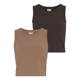 Crop-Top Lascana, Damen, Gr. 32/34, braun (camelfarben, braun), Rippware, Obermaterial: 95% Viskose, 5% Elasthan, unifarben, figurbetont bauchfrei, Rundhals, Tops, aus weicher Rippware, sommerliche Basic Tops