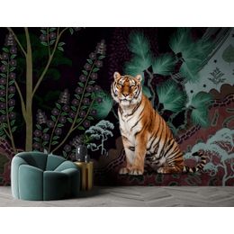 Livingwalls LIVING WALLS Vliestapete "Tiger-Tapete exotisch Dunkelgr&uuml;n Braun Dschungel", B/L: 2,7mm x 4mm, Rollen:gr&uuml;n, Wohnzimmer, Tapeten