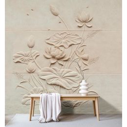 Livingwalls LIVING WALLS Vliestapete "Relief-Tapete mit Lotusbl&uuml;ten Creme Beige 3D", B/L: 2,7mm x 4mm, Rollen:beige, Wohnzimmer, Tapeten