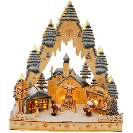 LED Schwibbogen Home Affaire, B:29,5cm H:33cm T:12cm, grün, Holzwerkstoff, Schwibbögen, "Winterszene, Weihnachtsdorf mit Wald", Weihnachtsdeko aus