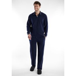 Loungeanzug Bugatti "Bologna", Herren, Gr. 58, blau, dunkel, uni, Web, Obermaterial: 51% Polyester, 46% Baumwolle, 3% Elasthan, bequem lang, ohne Ausschnitt, Homewear-Sets, Langarm, lange Hose, mit Seitentaschen, mit Rei&szlig;verschluss, bequem