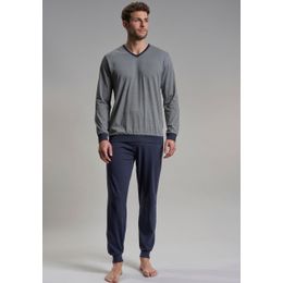 Bugatti Herren Pyjama "Genua", Gr. 50, blau, Single Jersey, Obermaterial: 100% Baumwolle, gemustert, unifarben, Homewear-Sets, V-Ausschnitt, Langarm,