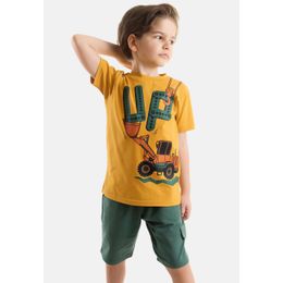 DENOKIDS Jungen Hausanzug "Digger Up", Gr. 134, gelb, 95% Baumwolle, 5% Elasthan, bedruckt, Homewear-Sets, mit Bagger-Aufdruck