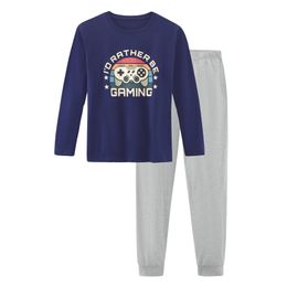Kinder Pyjama, AUTHENTIC LE JOGGER, Gr. 146, blau, Jersey, Obermaterial: 100% Baumwolle, meliert, Basic, Homewear-Sets, Schlafanzug mit gro&szlig;em Gaming
