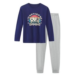 Kinder Pyjama, AUTHENTIC LE JOGGER, Gr. 134, blau, Jersey, Obermaterial: 100% Baumwolle, meliert, Basic, Homewear-Sets, Schlafanzug mit gro&szlig;em Gaming