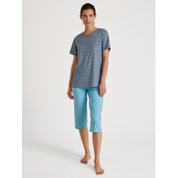 Calida Damen Capri-Pyjama "Spring Nights", Gr. XS, blau, Single Jersey, Obermaterial: 100% Baumwolle, gemustert, unifarben, Homewear-Sets, Rundhals,