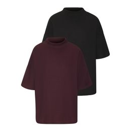 Kurzarmshirt Lascana "mit Stehkragen", Damen, Gr. 32/34, lila (aubergine, schwarz), Cr&ecirc;pe, Obermaterial: 97% Polyester, 3% Elasthan, unifarben, l&auml;ssig geschnitten, Shirts, aus b&uuml;gelfreier Cr&ecirc;pe-Qualit&auml;t