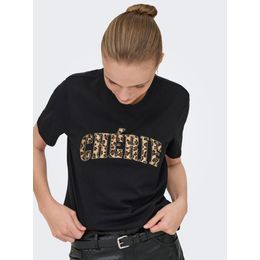 Only Damen T-Shirt "ONLDITTE LIFE RHNSTN S/S ANIMAL TOP JRS"schwarz print:cherie, Gr. L, bedruckt, Jersey, Obermaterial: 100% Baumwolle, Shirts