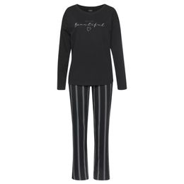 Vivance Dreams Damen Pyjama, Gr. 36, schwarz, Single Jersey, Obermaterial: 100% Baumwolle, gestreift, unifarben, Basic, Homewear-Sets, mit Frontdruck