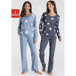 Vivance Dreams Damen Pyjama, Gr. 44, blau, Single Jersey, Obermaterial: 50% Baumwolle, 50% Polyester, Homewear-Sets, in melierter Optik mit Sternen