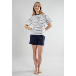 Tom Tailor Damen Shorty "Zaria", Gr. 42, blau, Single Jersey, Obermaterial: 95% Baumwolle, 5% Elasthan, Homewear-Sets, Streifendesign, Kurzarm,