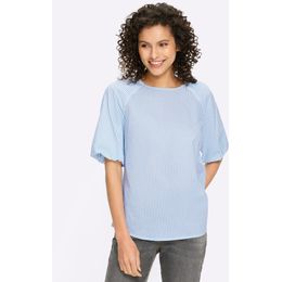 Heine Damen Schlupfbluseeisblau, ecru, gestreift, Gr. 50, bedruckt, gemustert, mehrfarbig, 100% Baumwolle, Blusen