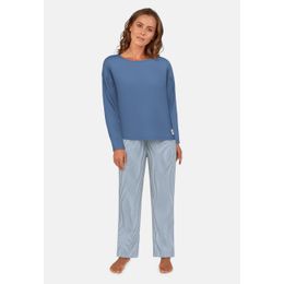 Tom Tailor Damen Pyjama "Positivism", Gr. 44, blau, Popeline, Obermaterial: 95% Baumwolle, 5% Elasthan, gestreift, unifarben, Homewear-Sets,