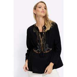 Heine Damen Longbluse, schwarz, Gr. 42, gemustert, mehrfarbig, 100% Baumwolle, Blusen