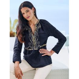 Heine Damen Longbluse, schwarz, Gr. 42, gemustert, mehrfarbig, 100% Baumwolle, Blusen