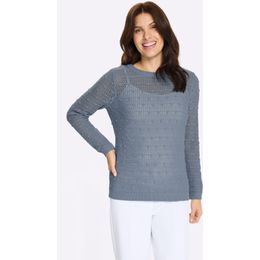 Classic Basics Damen Ajourpullover "Rundhals-Pullover", blau, Gr. 52, gemustert, gepunktet, unifarben, 100% Polyacryl, Pullover
