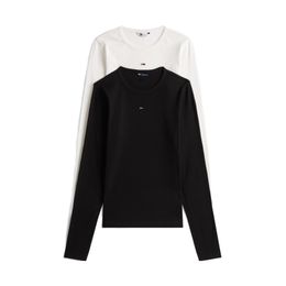 Tommy Jeans Damen Langarmshirt "TJW 2PACK SLIM ESSENTIAL RIB LS", schwarz, Basic, Gr. XS, Single Jersey, Obermaterial: 95% Baumwolle, 5% Elasthan,