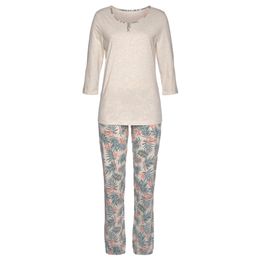Lascana Damen Pyjama, Gr. 36, beige, Single Jersey, Obermaterial: 100% Baumwolle, bedruckt, Homewear-Sets, mit gemusterter Hose
