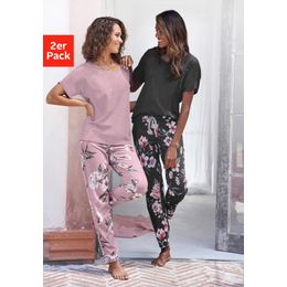 Vivance Dreams Damen Pyjama, Gr. 36, schwarz, Single Jersey, Obermaterial: 100% Baumwolle, gebl&uuml;mt, gemustert, mehrfarbig, Basic, Homewear-Sets, mit