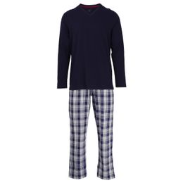 Bugatti Herren Pyjama "Genua", Gr. 48, blau, Single Jersey, Obermaterial: 100% Baumwolle, kariert, unifarben, Homewear-Sets, V-Ausschnitt, Langarm,