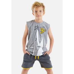DENOKIDS Jungen Hausanzug "Shark & Pizza", Gr. 104, grau, 65% Baumwolle, 30% Polyester, 5% Elasthan, bedruckt, Homewear-Sets, mit Hai-Print