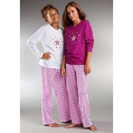 Petite Fleur Mädchen Pyjama, Gr. 146, lila, Jersey, Obermaterial: 100% Baumwolle, bedruckt, Basic, Homewear-Sets, modischer Sternendruck auf den