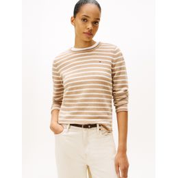Strickpullover Tommy Hilfiger, Damen, Gr. S (36), safari canvas htr, ivory petal stp, Strick, Obermaterial: 100% Wolle, gestreift, normal h&uuml;ftlang, Rundhals, offene Kante, Pullover Strickpullover, aus reiner Wolle
