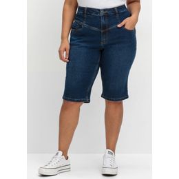 Jeansbermudas sheego, Damen, Gr. 40, Normalgr&ouml;&szlig;en, blau (dunkelblau denim), 99% Baumwolle, 1% Elasthan, unifarben, 7/8-L&auml;nge, Jeans