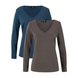 Langarmshirt bonprix "Figurbetontes Langarmshirt (2er Pack)", Damen, Gr. 44/46 (L), blau (dunkelblau, anthrazit meliert), Web, Obermaterial: 95% Baumwolle, 5% Elasthan, meliert, slim fit normal, V-Ausschnitt, Shirts Langarmshirt, Figurbetontes Langarmshirt (2er Pack)
