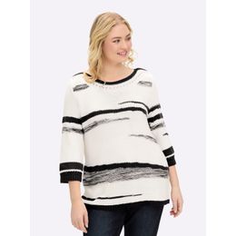 sheego Gro&szlig;e Gr&ouml;&szlig;en 3/4 Arm-Pullover mit Lochmuster, wei&szlig;-schwarz-gemustert, Gr&ouml;&szlig;e 48 - Damen