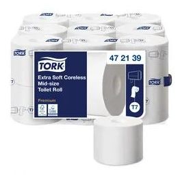Tork 472139 Premium extra weiches h&uuml;lsenloses Midi Toilettenpapier T7 3-lagig 63,3 Meter 1 Pack = 18 Rollen