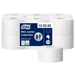 Tork 120280 Advanced Toilettenpapier Mini Jumbo Gro&szlig;rolle T2 wei&szlig; 2-lagig, 850 Blatt 1 Pack = 12 Rollen