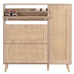 Rattan-Schuhkipper MCW-M37, Schuhregal Schuhschrank, 3 Kippfächer 2 Regalböden 127x120x24cm Holz Melamin ~ Eiche-Optik