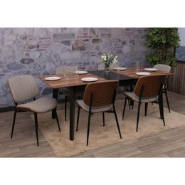 6er-Set Esszimmerstuhl MCW-O44, K&uuml;chenstuhl Stuhl, Bugholz Stoff (370g/m&sup2;) &Ouml;ko-Tex MVG ~ Walnuss-Optik, hellgrau