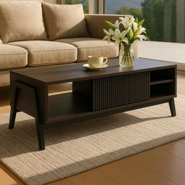 Couchtisch MCW-O40, Wohnzimmertisch Sofatisch, Staufächer Schiebetür MDF Metall Melamin 42x120x60cm ~ Walnuss-Optik