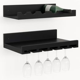2er-Set Weinregal MCW-P22, Glas-/Flaschenhalter Wandbar f&uuml;r 6 Flaschen/15 Gl&auml;ser Holz MVG-zertifiziert 61x28cm ~ schwarz