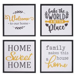 4er-Set Wandbild MCW-N96, Wanddekoration Bilderrahmen Spr&uuml;che Sweet Home Welcome World Family, Holz Leinwand 30x30cm