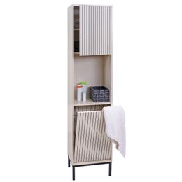 Hochschrank MCW-O42, Badschrank Badregal Badezimmer Schrankf&auml;cher W&auml;schekorb, MDF Melamin 174x39x30cm ~ Holzoptik beige