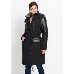 bonprix Long-Parka mit Lederimitateinsatz, schwarz, mit Baumwolle