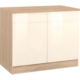 KOCHSTATION Unterschrank &raquo;KS-Virginia&laquo; 100 cm breit, mit 2 T&uuml;ren und 2 Schubk&auml;sten creme Hochglanz eiche sonoma
