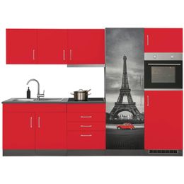 K&uuml;chenzeile KOCHSTATION "KS-Paris &ndash; K&uuml;chen mit einzigartigen Fotomotiven auf den Fronten", rot (k&uuml;che: rot, front: rot, korpus: grafit, arbeitsplatte: anthrazit), B:280cm H:200cm T:60cm, Komplettk&uuml;chen-Sets, K&uuml;chenzeile, Breite 280 cm, wahlweise mit E-Ger&auml;ten und Induktion