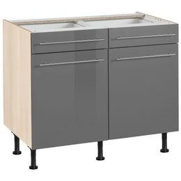 Unterschrank Optifit "Bern", grau (grau hochglanz, akaziefarben), B:100cm H:87cm T:58,4cm, Schr&auml;nke, Unterschrank, 100 cm breit, mit 2 T&uuml;ren, 2 Schubk&auml;sten, h&ouml;henverstellbare F&uuml;&szlig;e