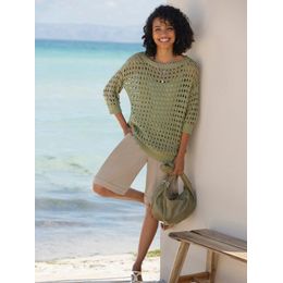 Ajourpullover Heine "2-in-1-Pullover", Damen, Gr. 46, schilf, ecru, meliert, 100% Baumwolle, Top:5% Elasthan, 95% Viskose, unifarben, Pullover