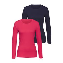 Langarmshirt Vivance "aus modischer Rippware", Damen, Gr. 44/46, pink (pink, navy), Rippware, Obermaterial: 95% Baumwolle, 5% Elasthan, unifarben, Basic, figurbetont normal, Rundhals, Shirts Langarmshirt, aus weichem Baumwoll-Stretch