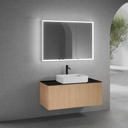 neoro n50 Unterschrank B: 120 cm mit 1 Auszug, mit glatter Eichenfront, Waschtisch B: 58 cm wei&szlig; matt, mit n60 Spiegelschrank f&uuml;r die Schweiz,