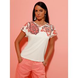 CR&Eacute;ATION L Print-Shirt CREATION L "Druck-Shirt", Damen, Gr. 52, champagner, koralle, bedruckt, 95% Viskose, 5% Elasthan, gemustert, mehrfarbig, Rundhals, Shirts