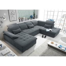 Wohnlandschaft ED EXCITING DESIGN "Wayne U-Form mit Bettfunktion, Bettkasten", grau (anthrazit, uran 04 anthrazit), B:340cm H:104cm T:240cm, 95% Polyester, 5% Nylon, Sofas, Wohnlandschaft, Arm- und Kopfteilverstellung & 3 Nierenkissen