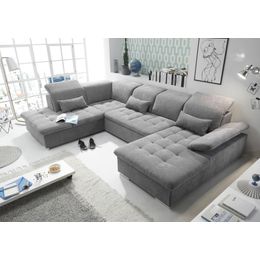 Wohnlandschaft ED EXCITING DESIGN "Wayne U-Form mit Bettfunktion, Bettkasten", grau (dunkelgrau, uran 03 dunkelgrau), B:340cm H:104cm T:240cm, 95% Polyester, 5% Nylon, Sofas, Wohnlandschaft, Arm- und Kopfteilverstellung & 3 Nierenkissen
