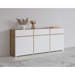 Sideboard Inosign "Cross,Breite 180 cm, moderne grifflose Kommode,3 Türen/3 Schubkästen", weiß (wotan eiche, weiß), B:180cm H:78,3cm T:40cm, FSC-zertifizierter Holzwerkstoff, Melamin, Sideboards, Sideboard, Schubladenschrank mit viel Stauraum, Einlegeböden verstellbar